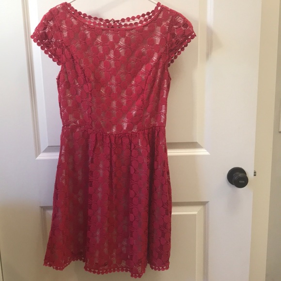 Kensie | Dresses | Cotton Lace Kenzie Dress In Red With Nude Underlay ...